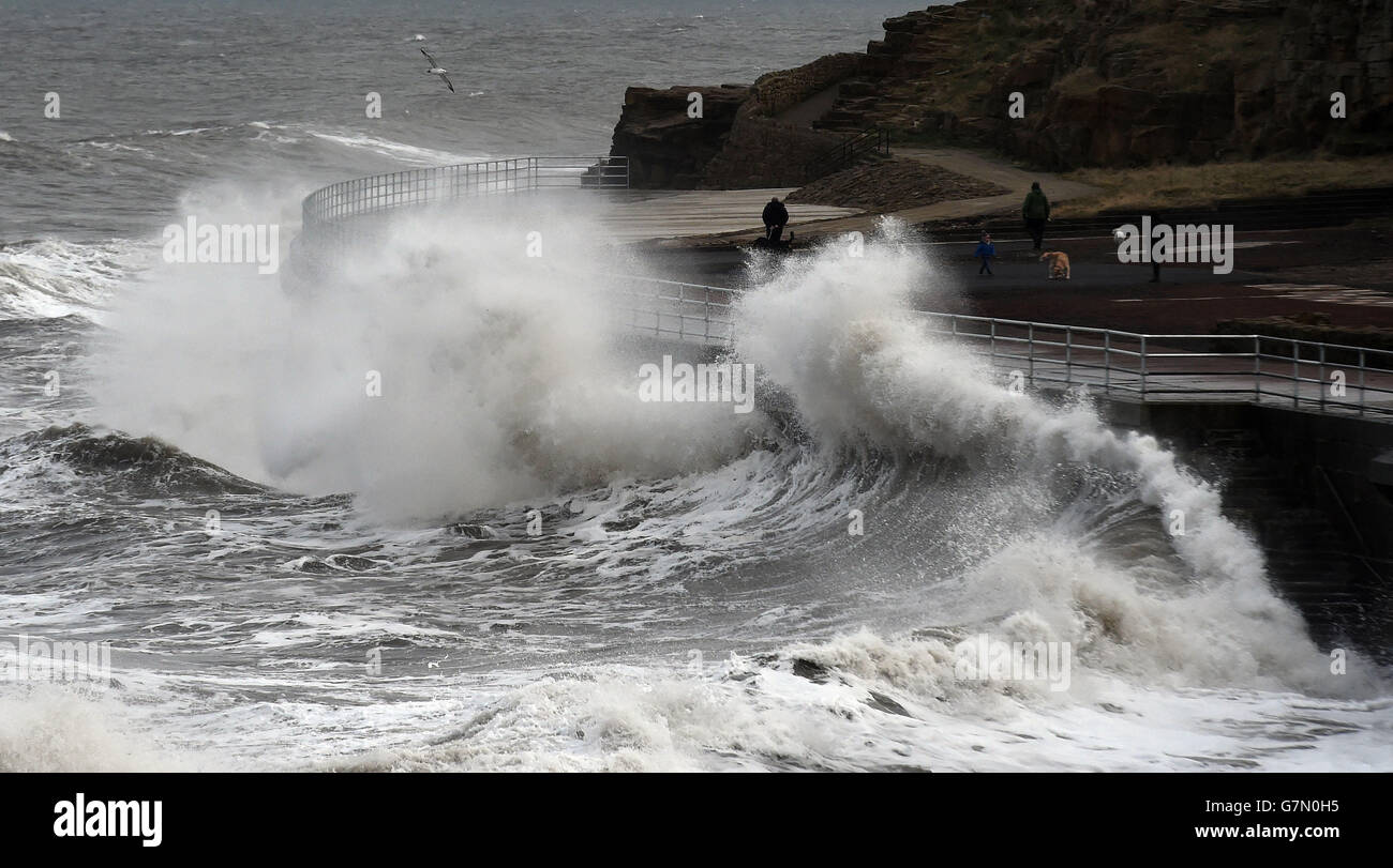 Waves batter the seafront between Whitley Bay and Cullercoats, on the ...