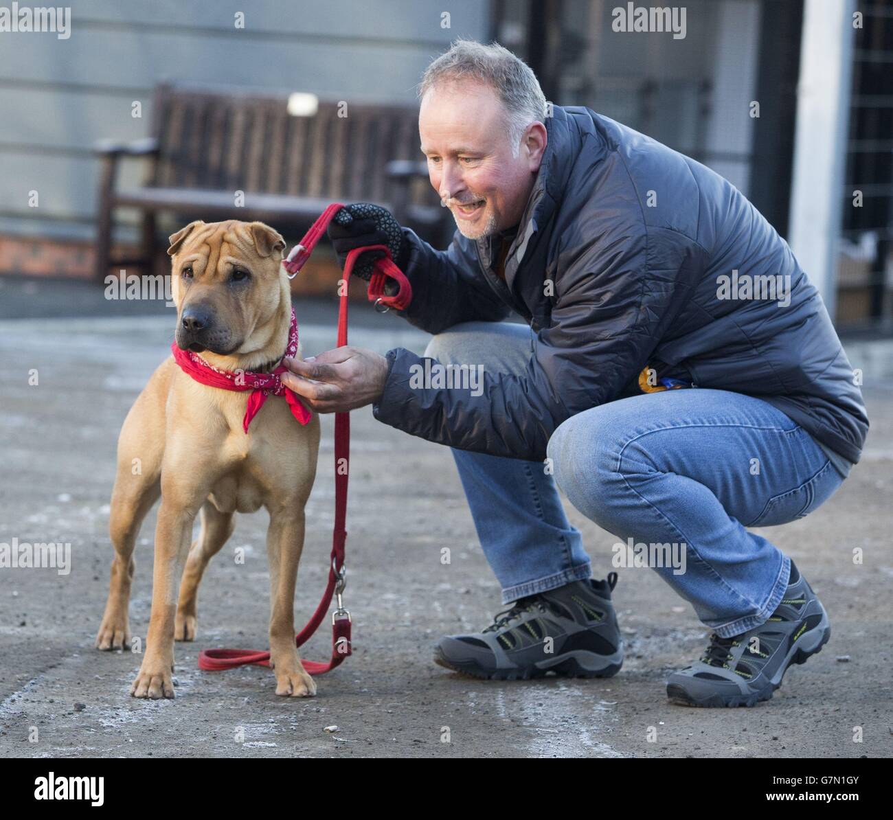 Kai the dog with his new owner Ian Russell at a Scottish SPCA office in ...
