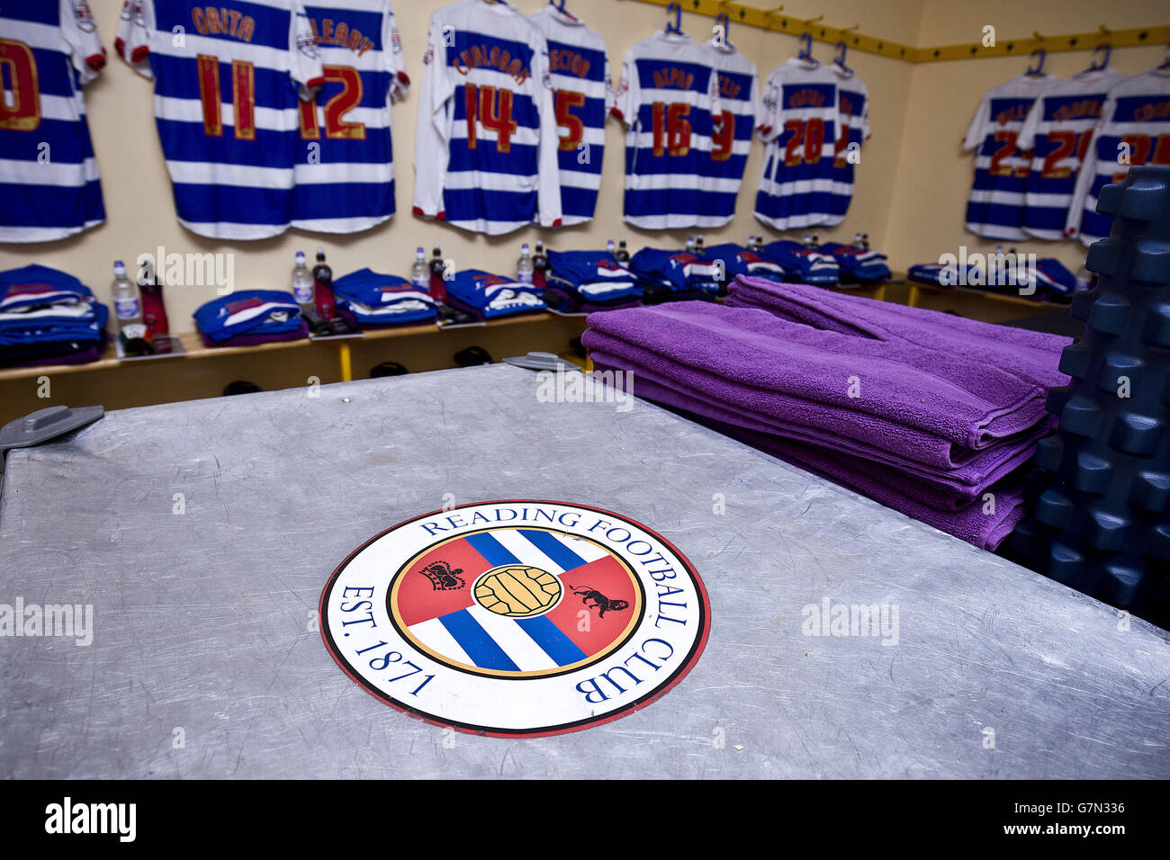 A view of Reading shirts in the away dressing room before the match ...