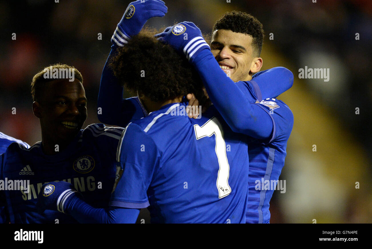 Chelsea's Dominic Solanke (right) celebrates scoring his teams 1st goal ...