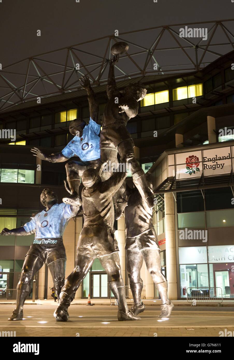The England Rugby shirt is projected onto the statue at Twickenham ...