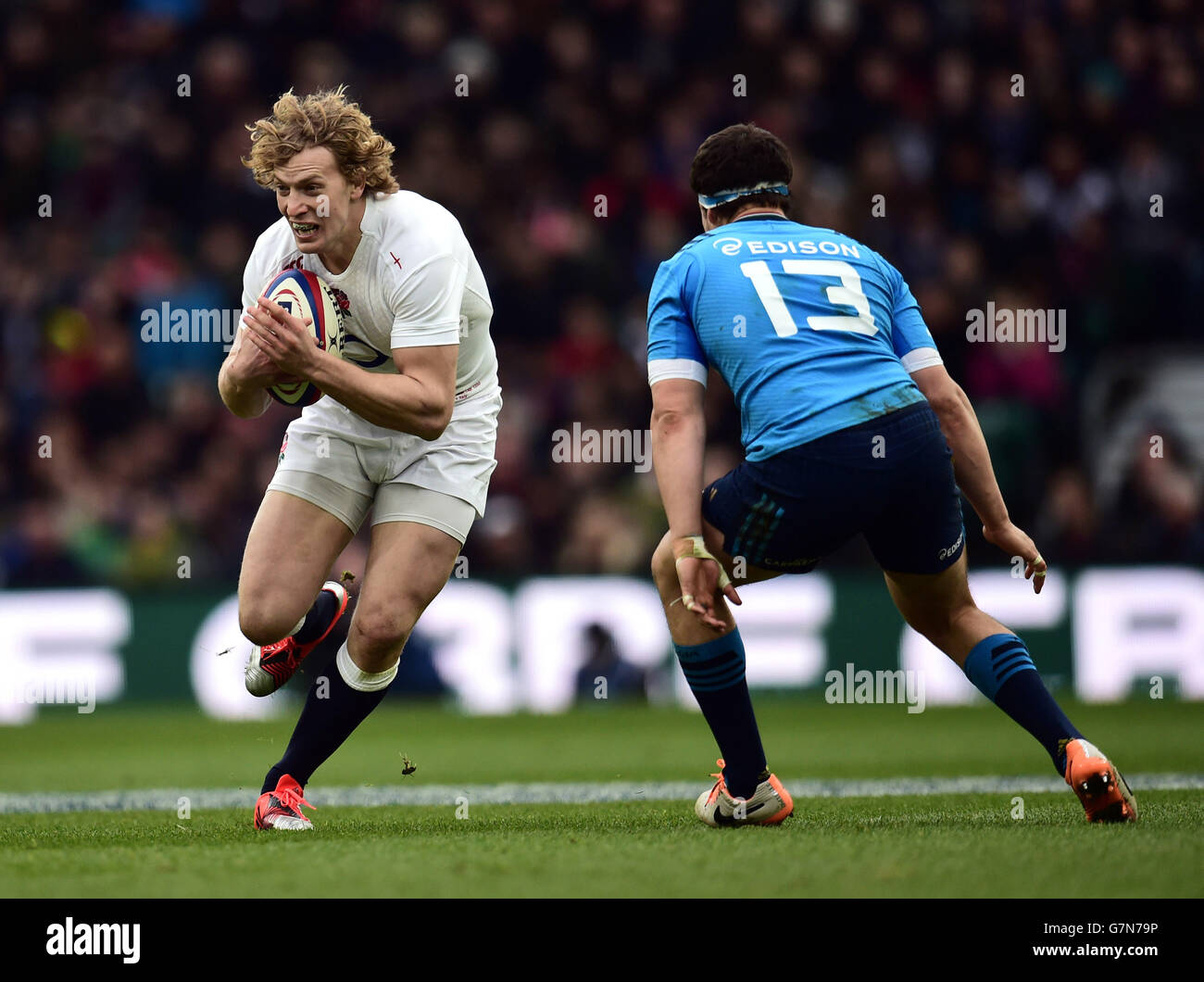 England's Billy Twelvetrees and Italy's Luca Morisi (right) in action ...