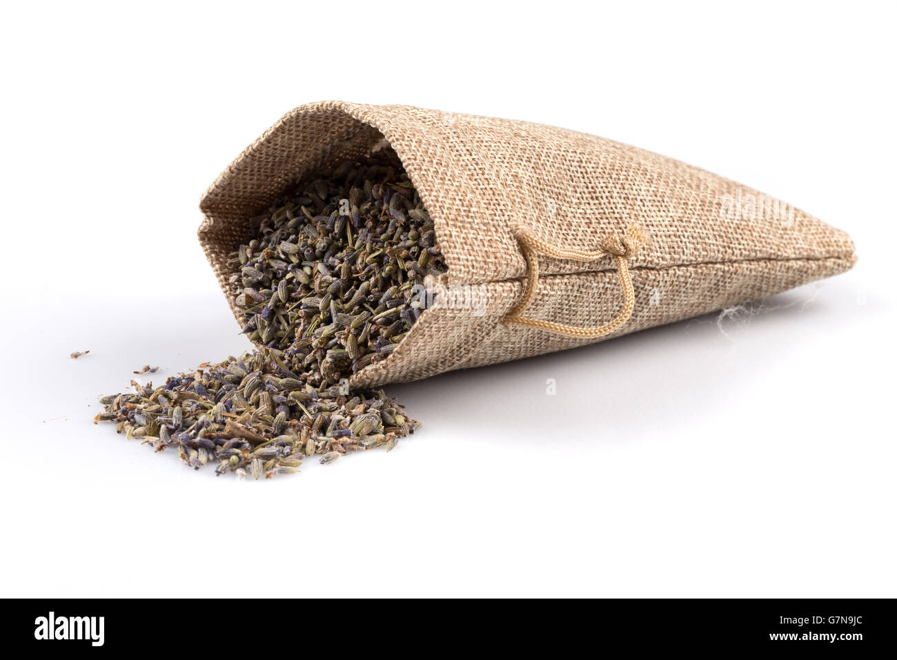 dried lavender organic tea in a sack Isolated on white background Stock ...