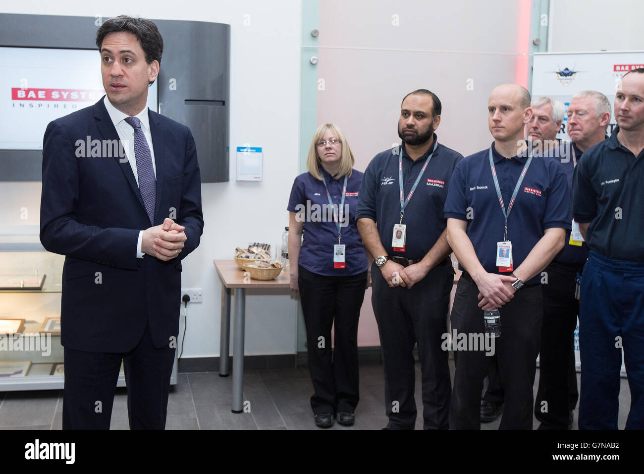 Labour leader Ed Miliband meets employees during a visit to BAE Systems ...