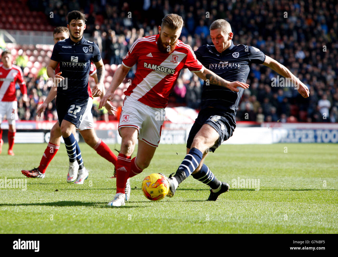 Middlesbrough's Adam Clayton and Leeds United's Steve Morison challenge ...