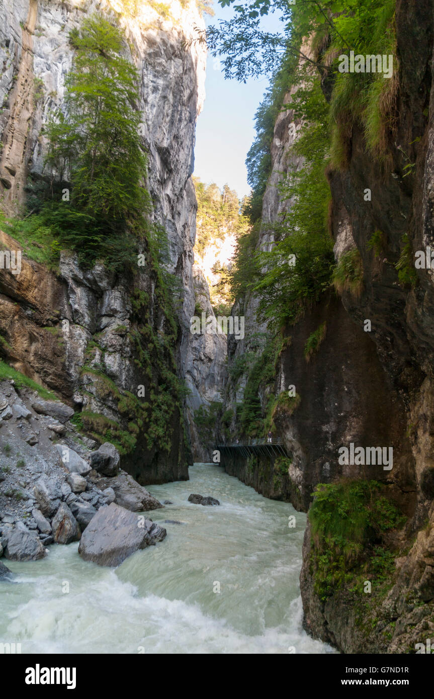 Aareschlucht, a gorge of Aare river carved deep into limestone, with up ...