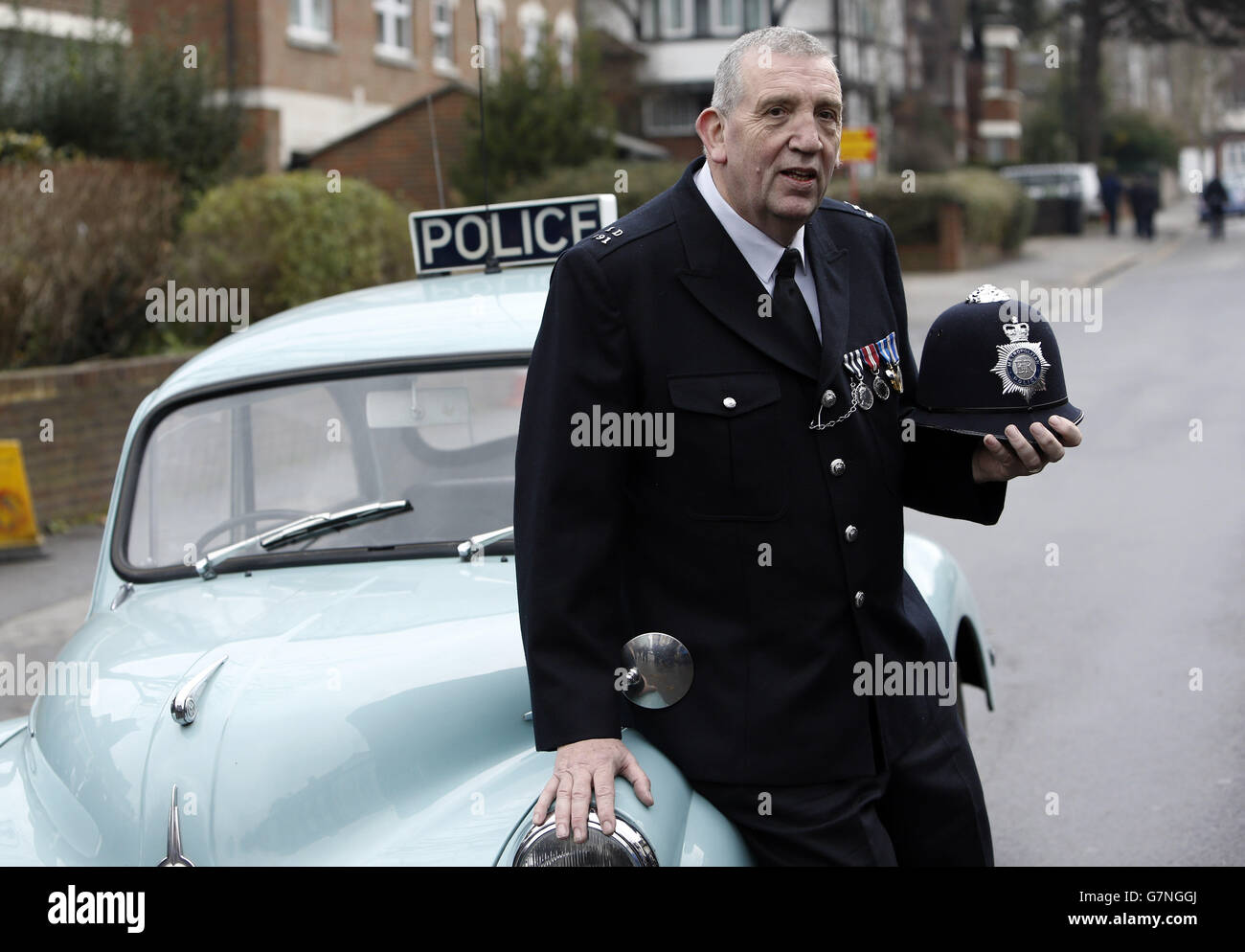 PC Robert Brown, arrives by vintage car at Croydon Police station in ...