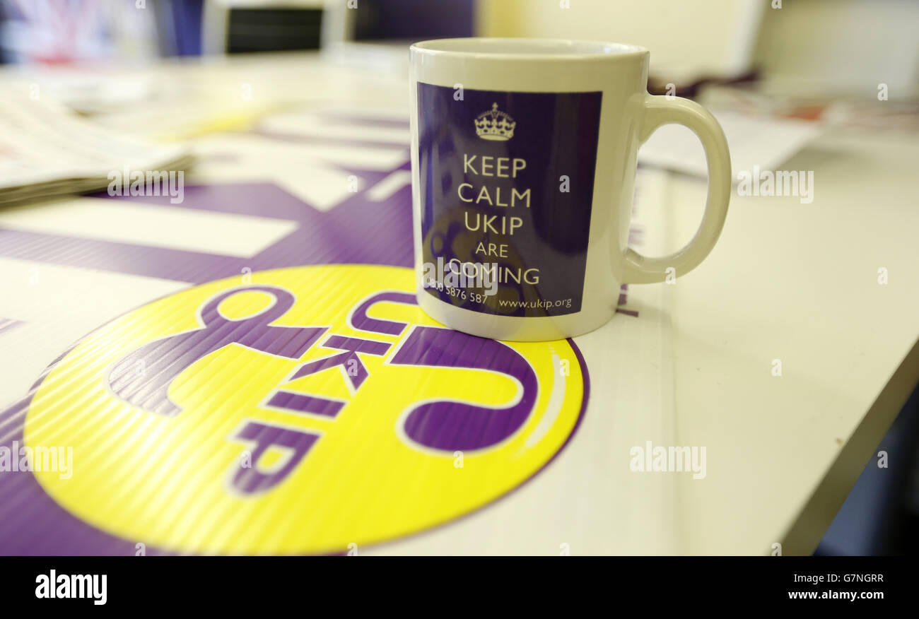 Ukip Heywood and Middleton campaign headquarters. A Ukip mug in the ...