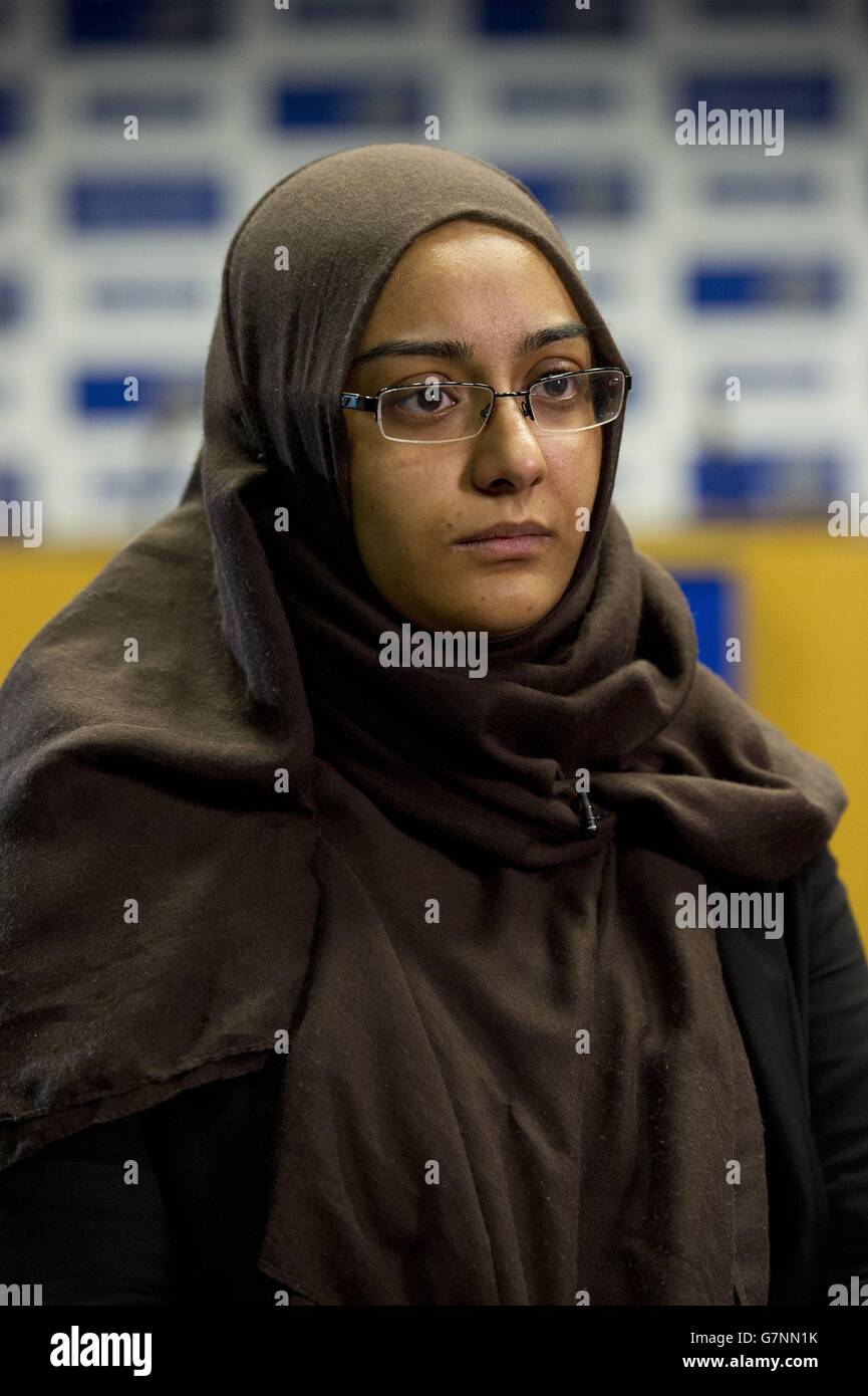 Renu, eldest sister of Shamima Begum, 15, interviewed by the media at ...