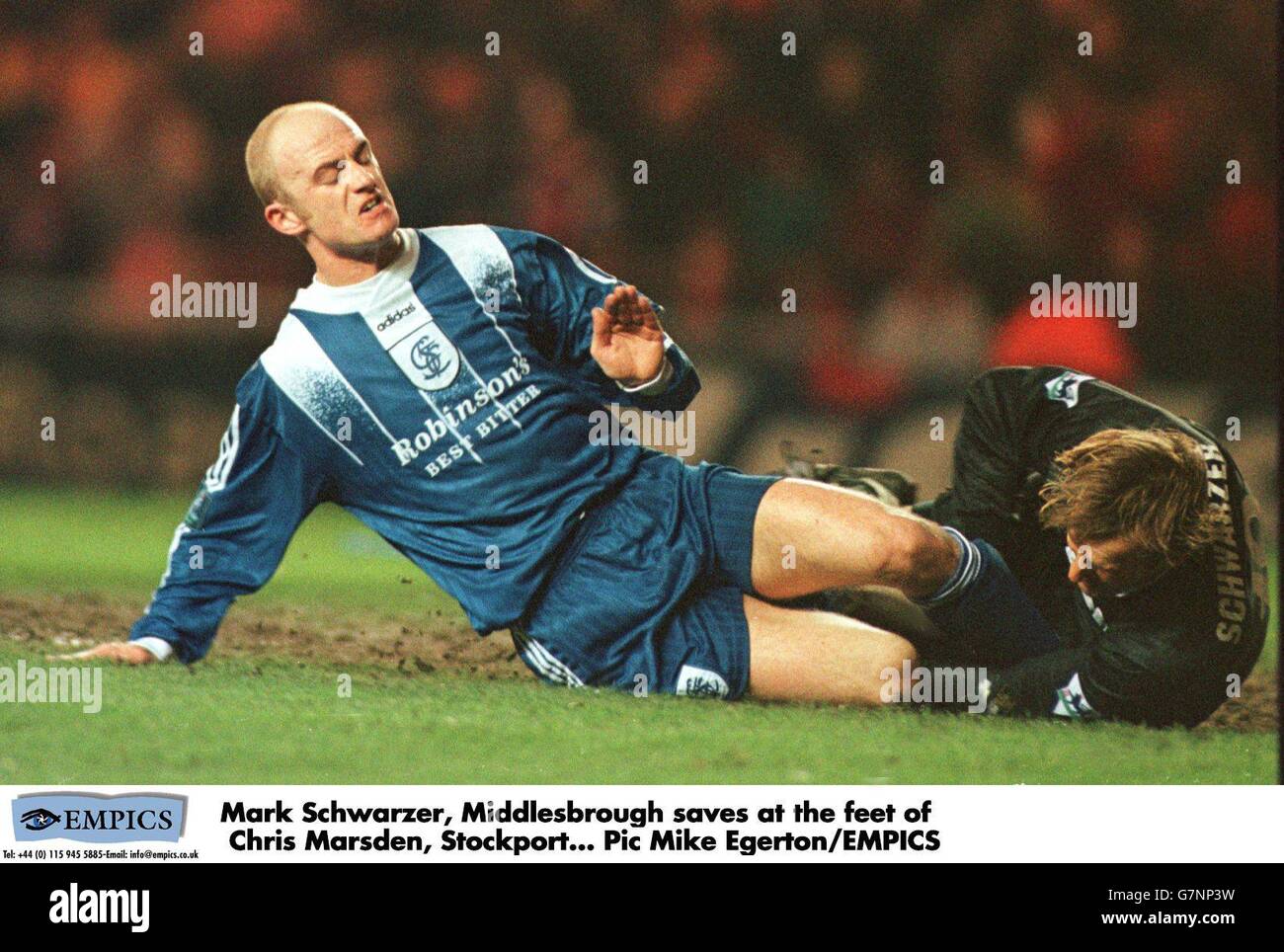 Mark Schwarzer, Middlesbrough saves at the feet of Chris Marsden ...