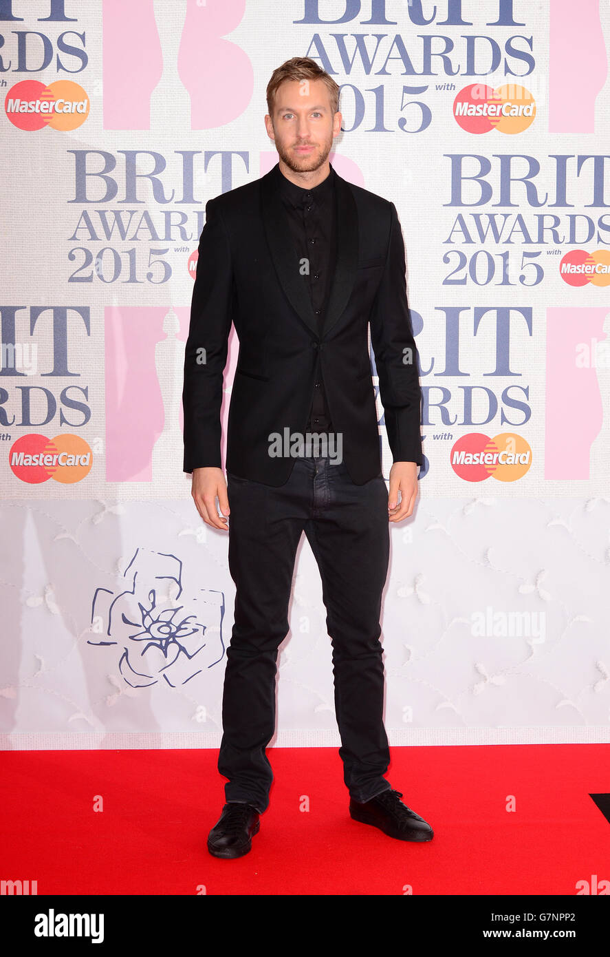 Calvin Harris arriving for the 2015 Brit Awards at the O2 Arena, London ...