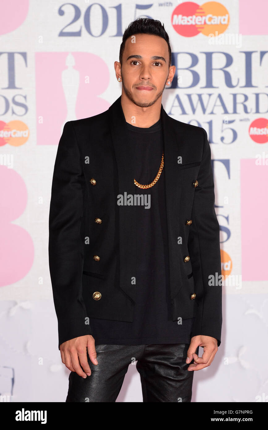 Lewis Hamilton arriving for the 2015 Brit Awards at the O2 Arena ...