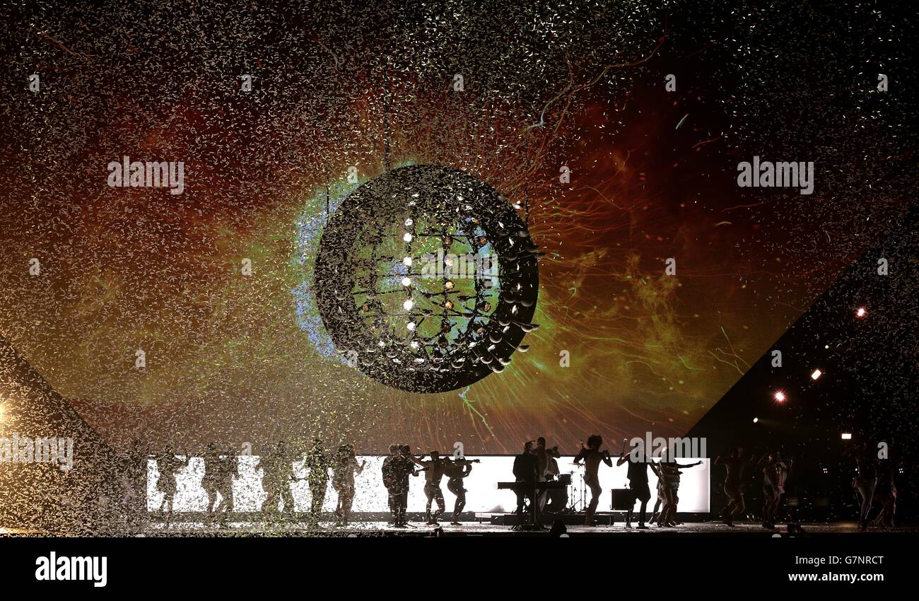 Take That perform on stage during the 2015 Brit Awards at the O2 Arena ...