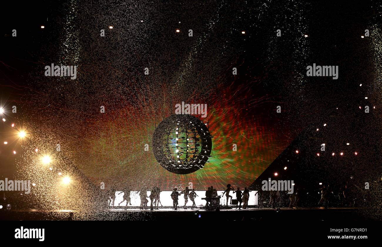 Take That perform on stage during the 2015 Brit Awards at the O2 Arena ...