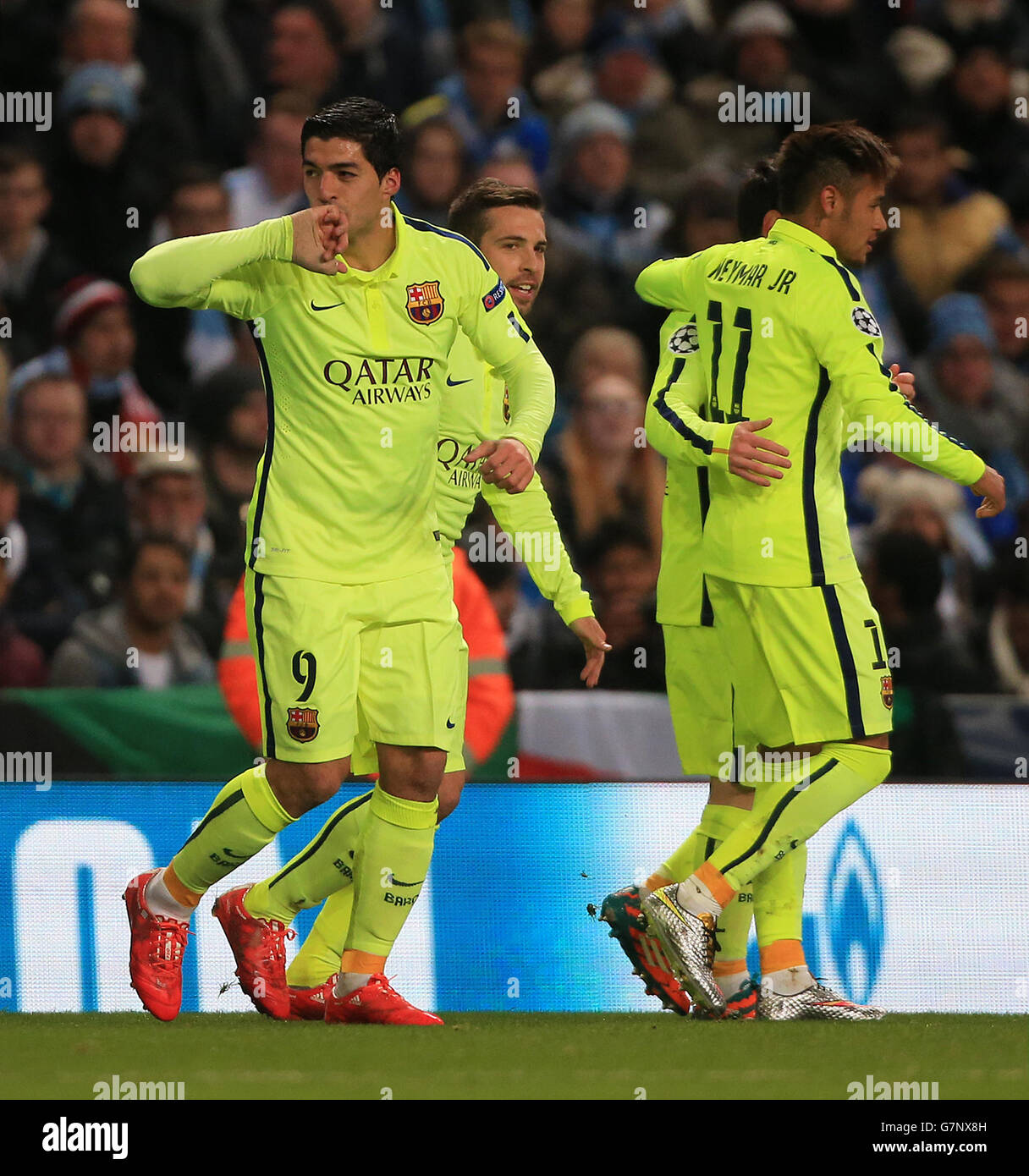 Barcelona's Luis Suarez celebrates scoring his side's first goal during ...