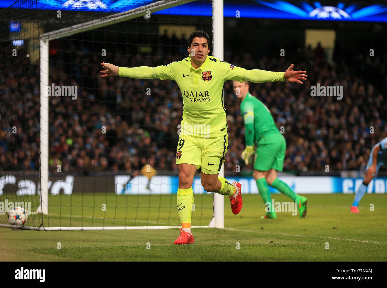 Barcelona's Luis Suarez celebrates scoring his side's second goal ...
