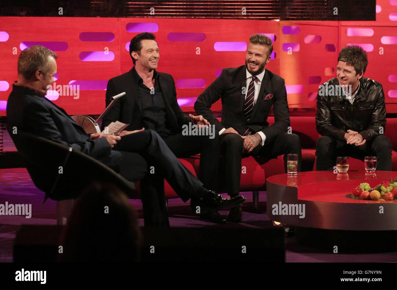 (Left to right) Host Graham Norton, Hugh Jackman, David Beckham, and ...