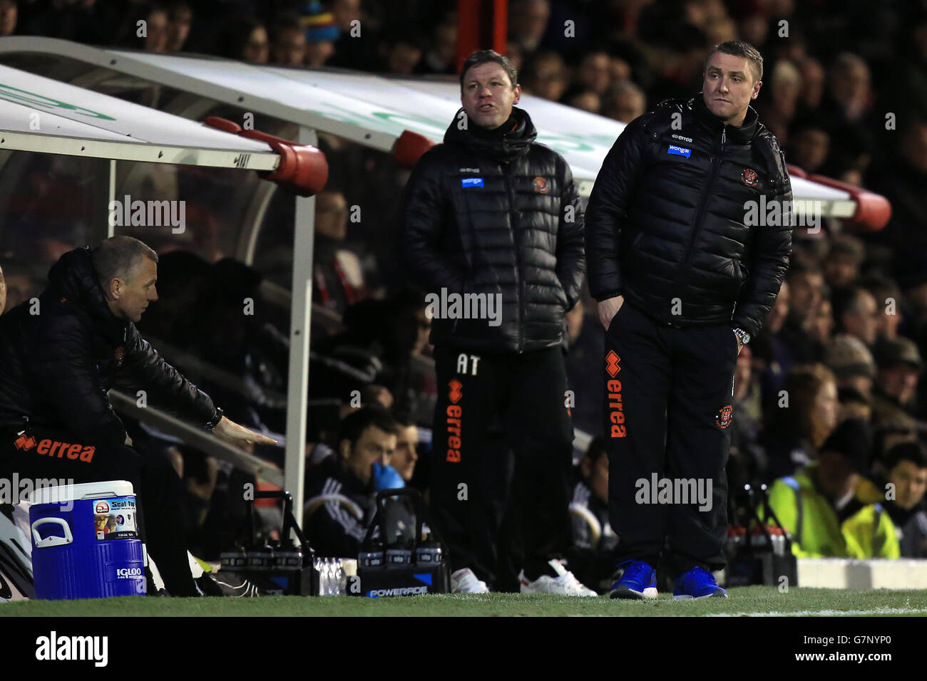 Blackpool manager Lee Clark (right) and first team coach Alan Thompson ...