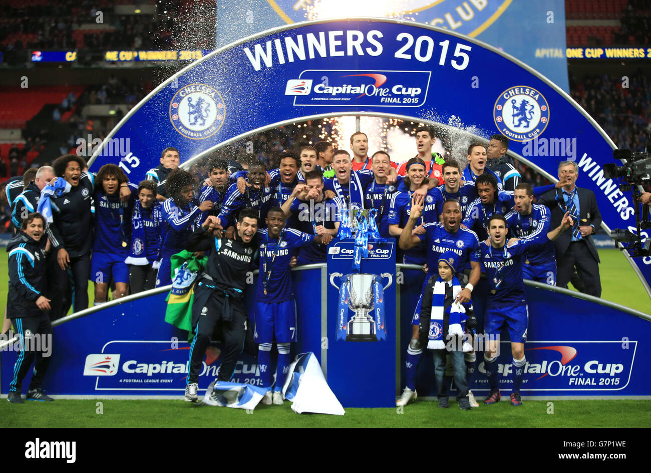 Chelsea players and manager Jose Mourinho celebrate winning the Capital ...
