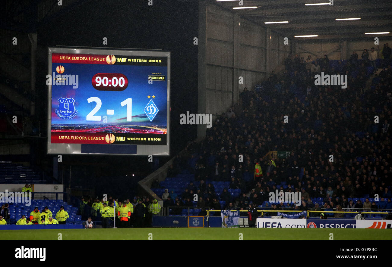 The scoreboard shows the final score of 2-1 to Everton during the UEFA ...