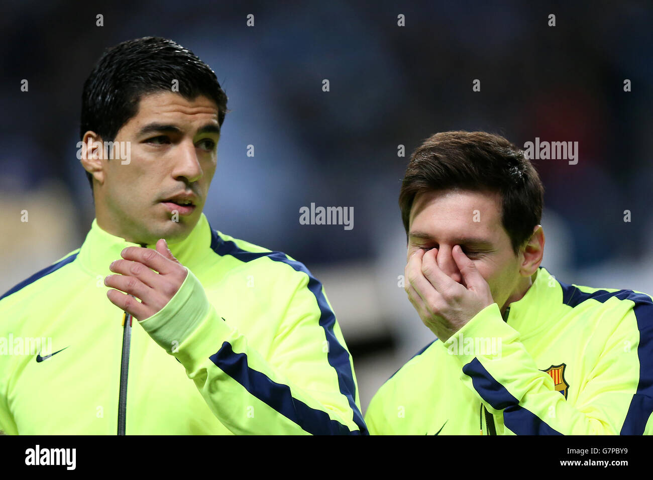 Barcelonas lionel messi luis suarez left chat during the line ups hi ...