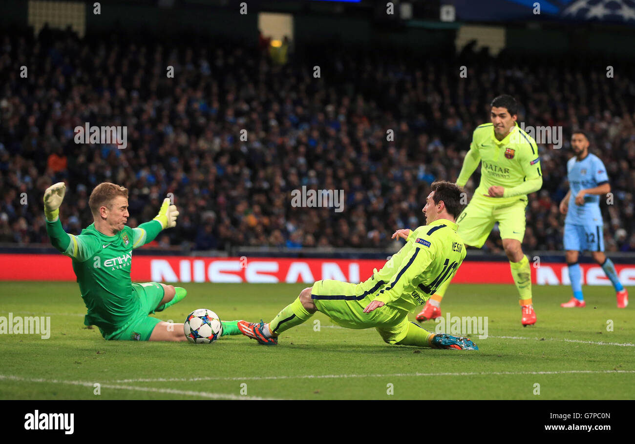 Manchester City goalkeeper Joe Hart makes a save from an attempt on ...