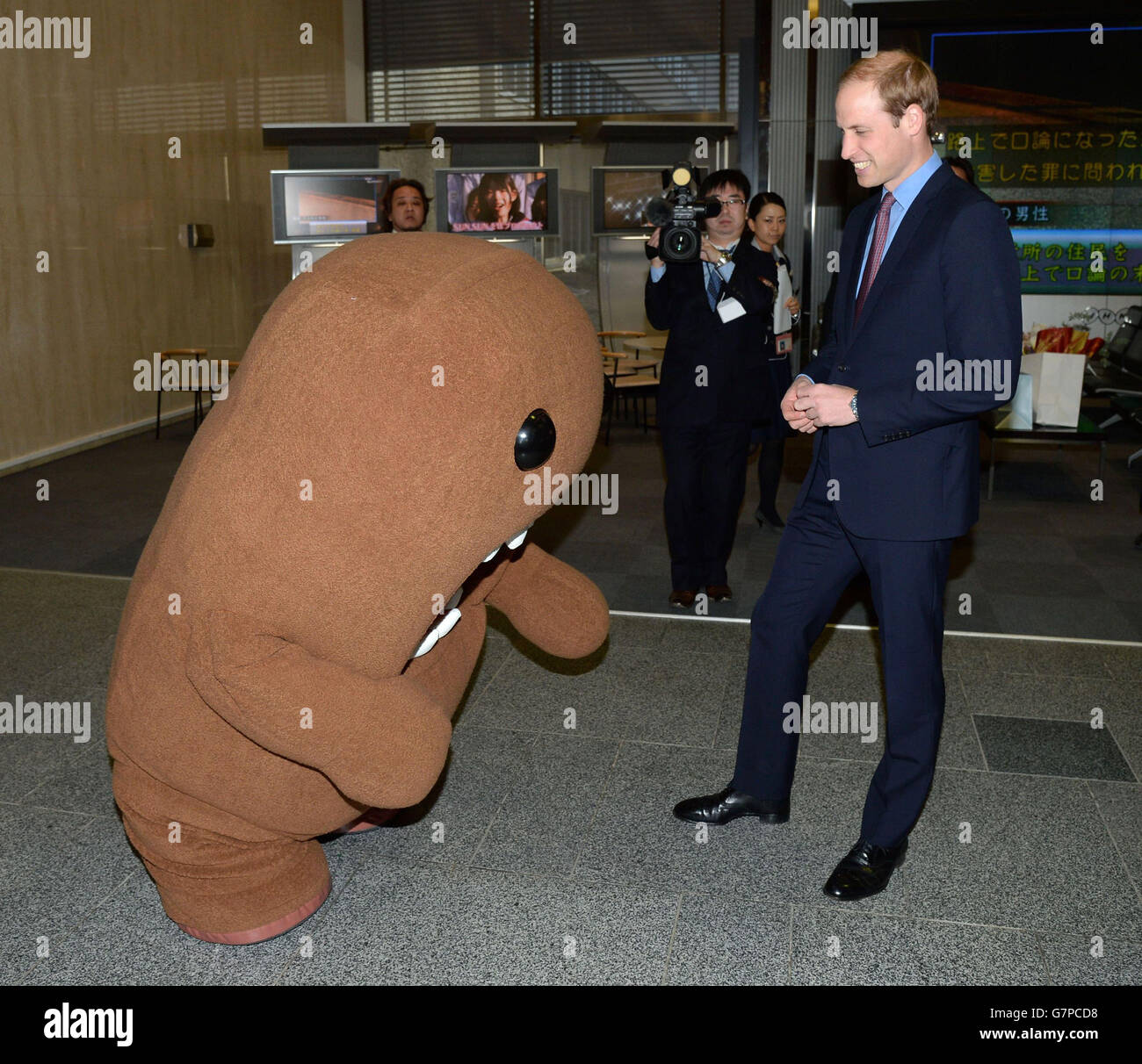 The Duke of Cambridge meets NHK mascot 'Domo' during a visit to the NHK ...