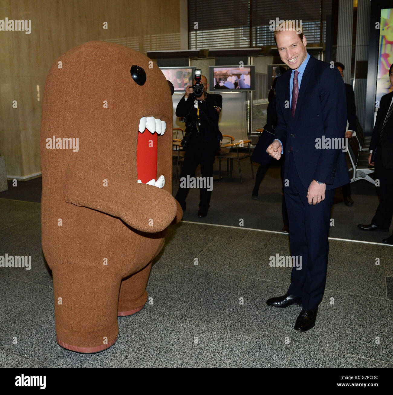 The Duke of Cambridge meets NHK mascot 'Domo' during a visit to the NHK ...