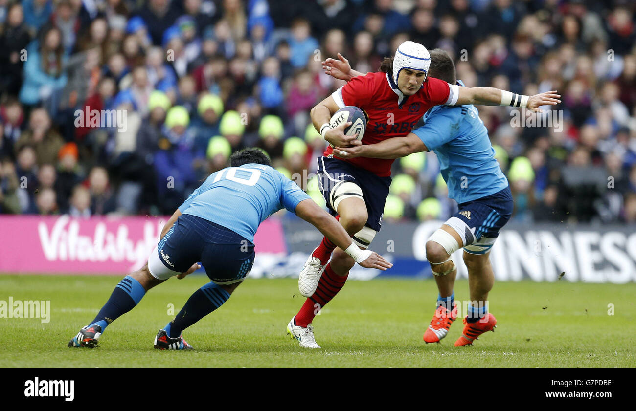 Scotland's Blair Cowan in action with Italy's Kelly Haimona and Edoardo ...