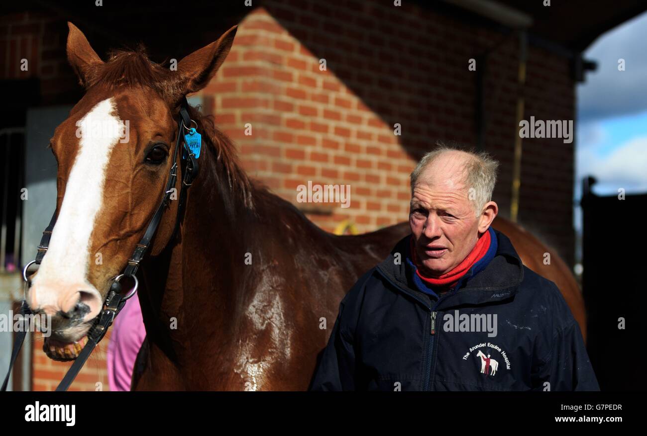 Trainer Gary Moore alongside Sire de Grugy during the visit to Cisswood ...