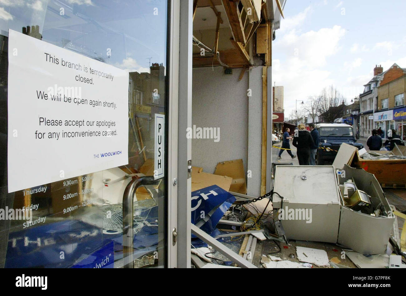 JCB Cash Machine Robbery. The front of the Woolwich Bank, after thieves ...