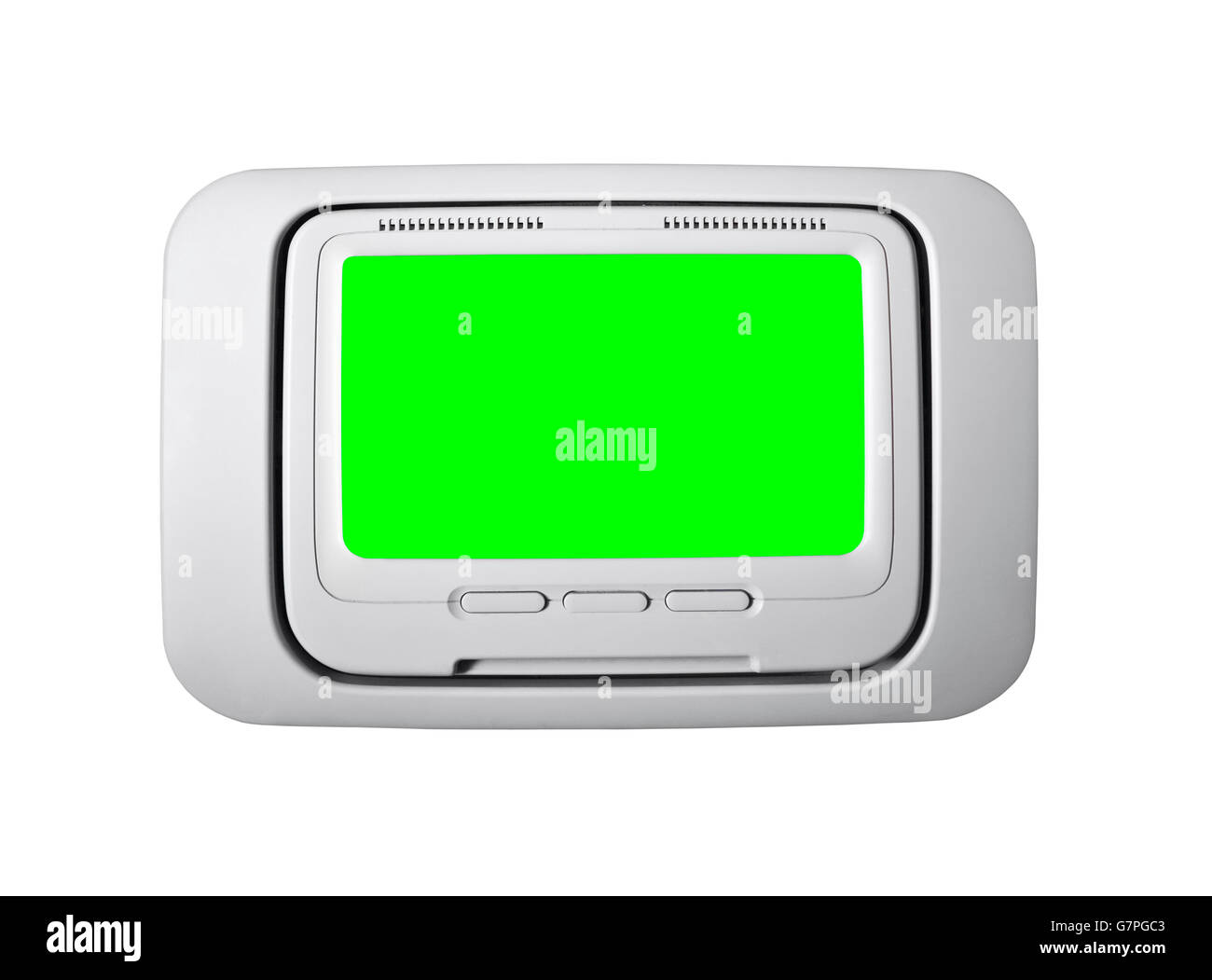 Airplane seat back television isolated with chroma green screen insert ...