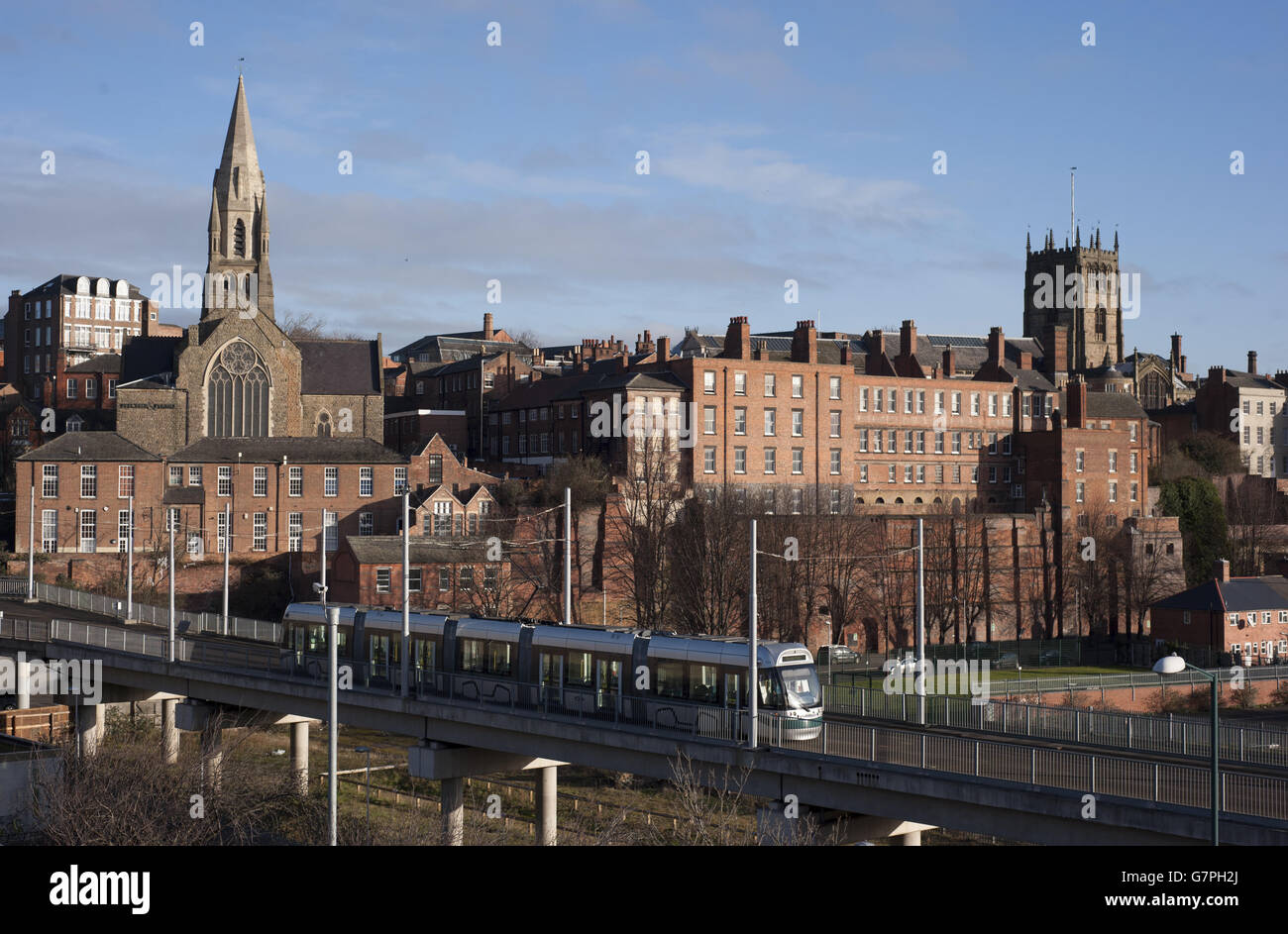 A general view of the lace market and tram lines in Nottingham, England ...
