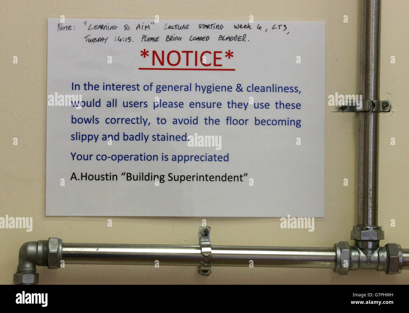 An amusing sign next to the gents urinals in a toilet at Heriot-Watt ...