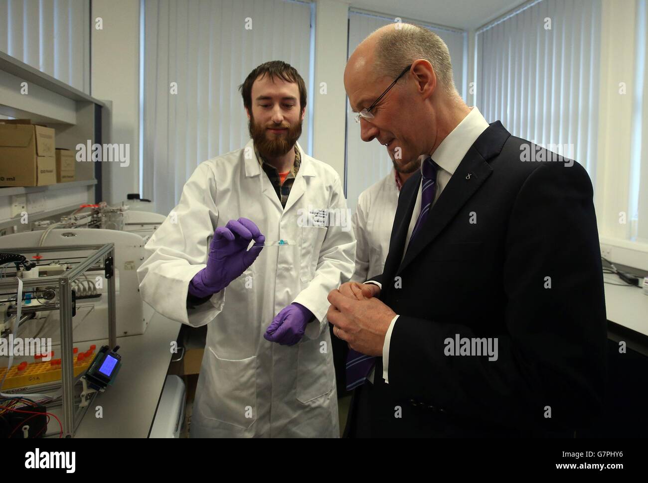 Deputy First Minister John Swinney views a 3D structure made by the 3D ...