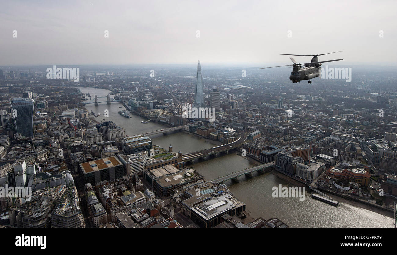 A Royal Air Force Chinook flies over central London on its way to St ...