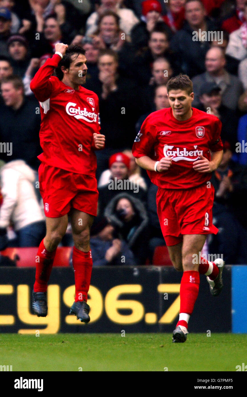 Liverpools fernando morientes celebrates scoring hi-res stock ...