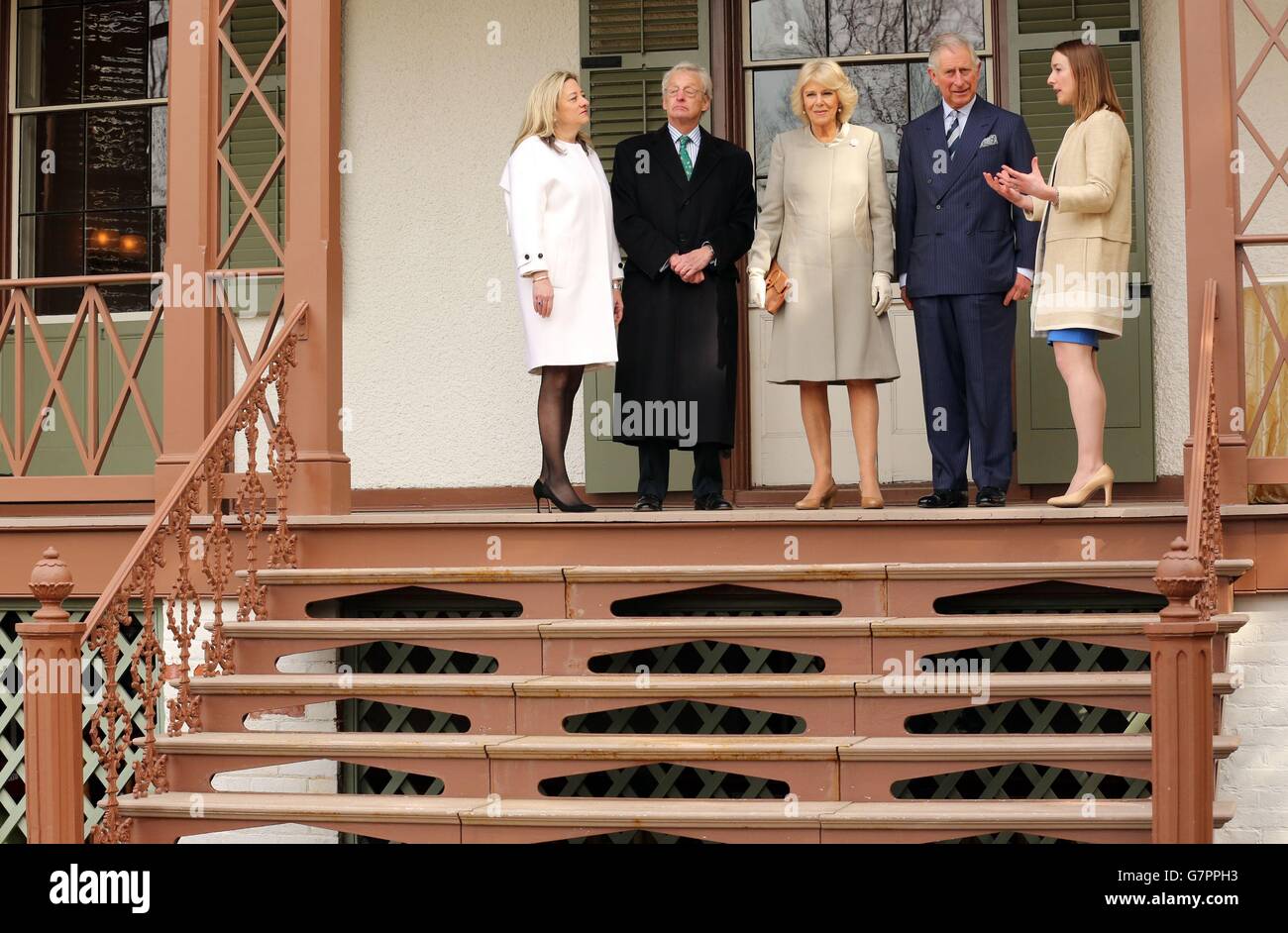 The Prince of Wales and The Duchess of Cornwall stand on the porch of ...