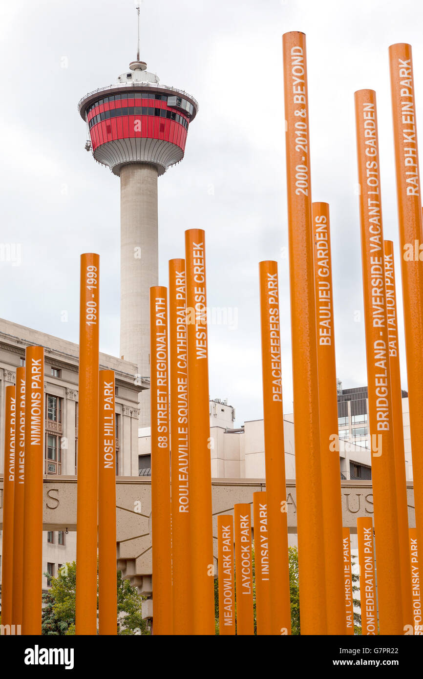 The Centennial Grove at Olympic Plaza with the Calgary Tower in the ...