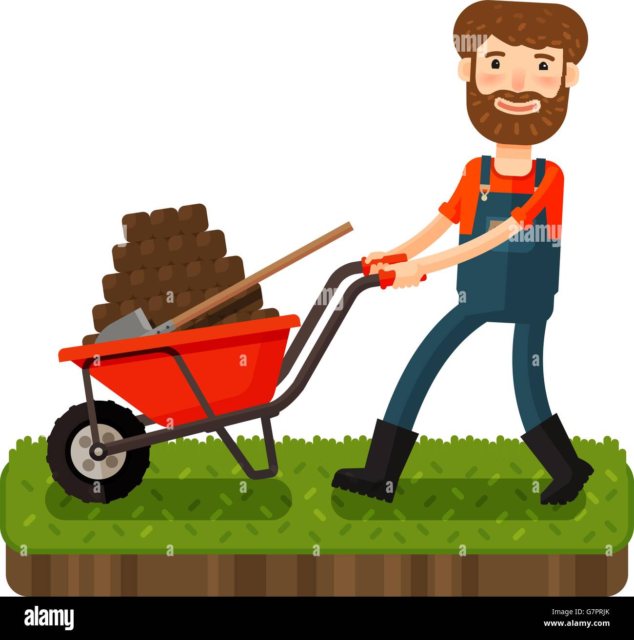 Happy farmer pushing a cart with black earth. Cartoon vector ...