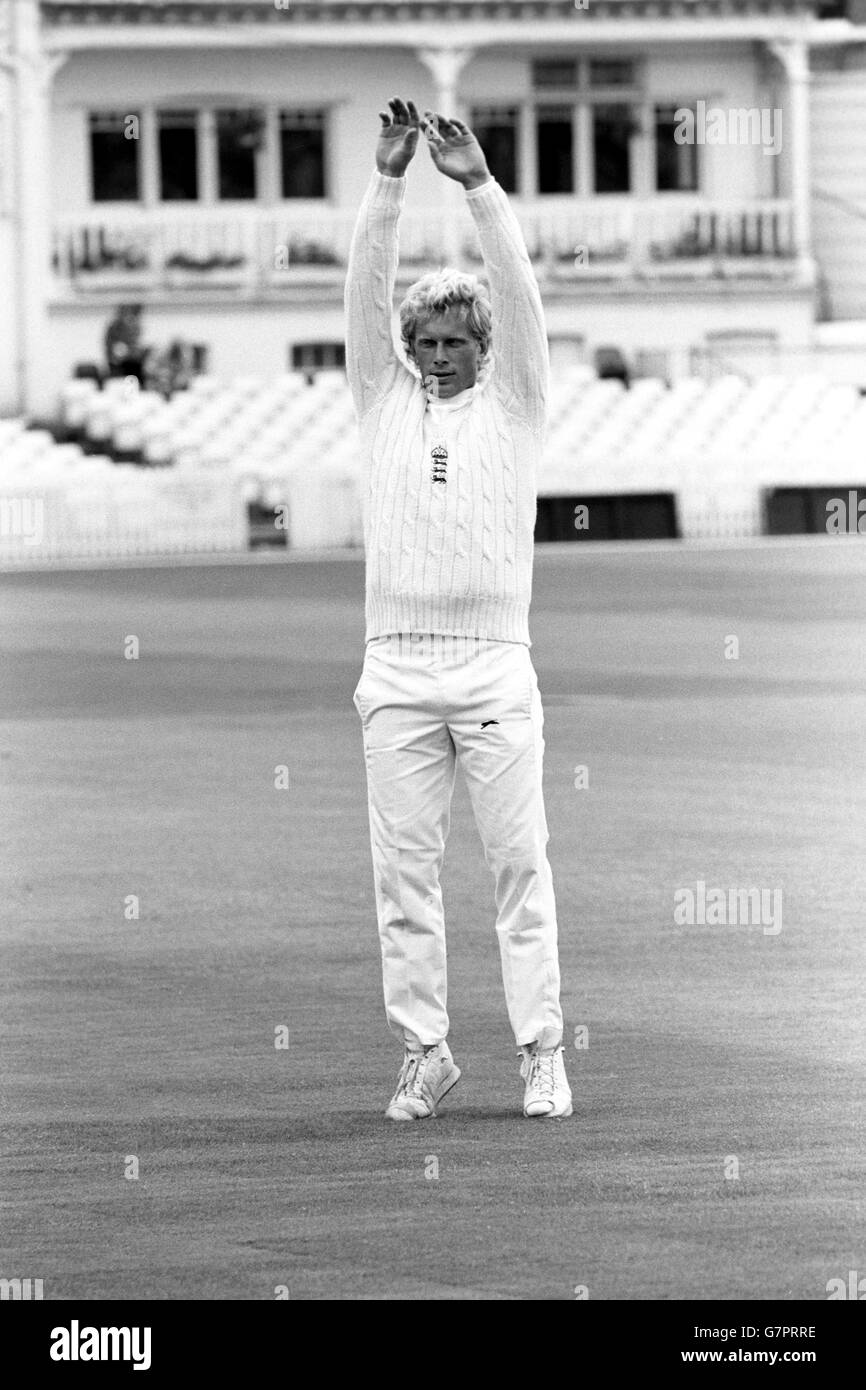 Graham Dilley stretching during a training session at Trent Bridge ...
