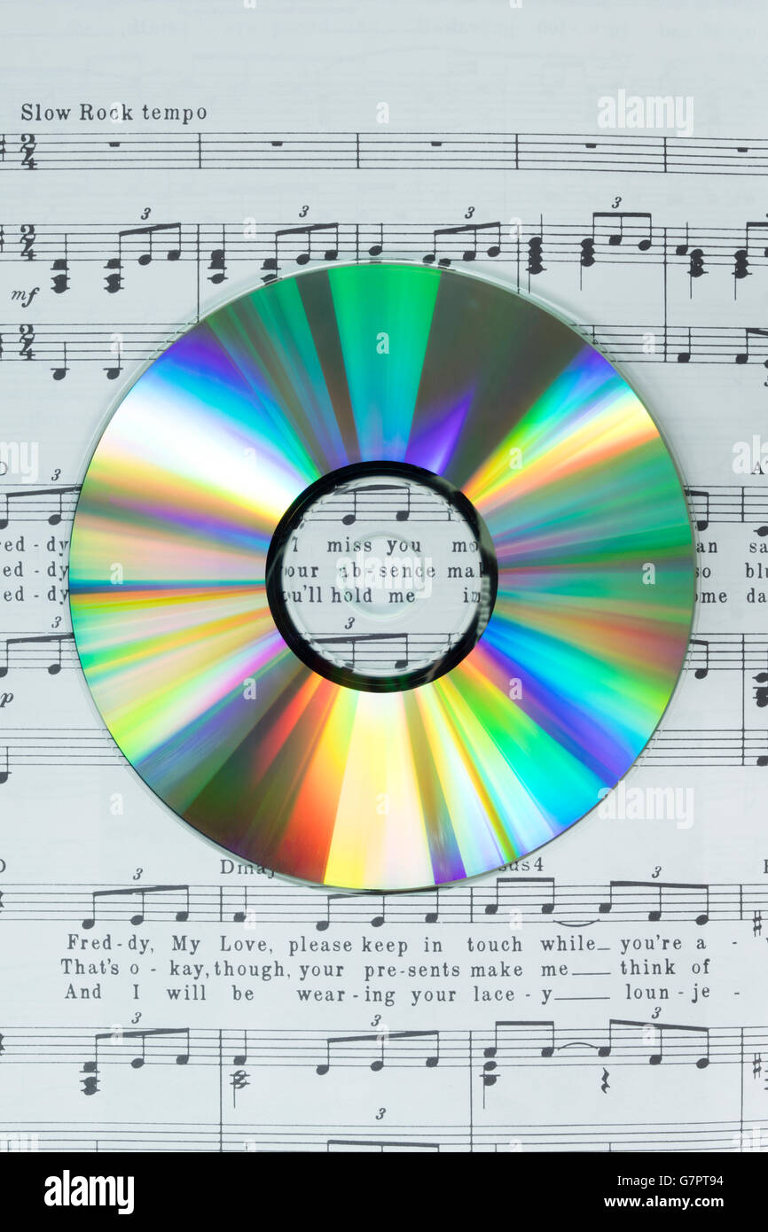 Detail of colorful cd-dvd on piano score Stock Photo - Alamy