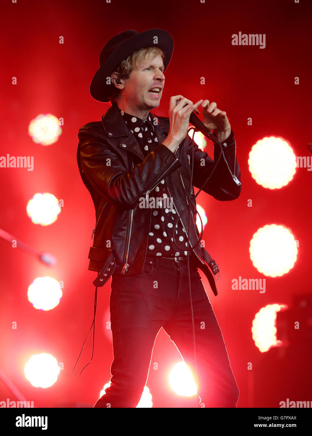 Beck performing on The Pyramid Stage at the Glastonbury Festival, at ...
