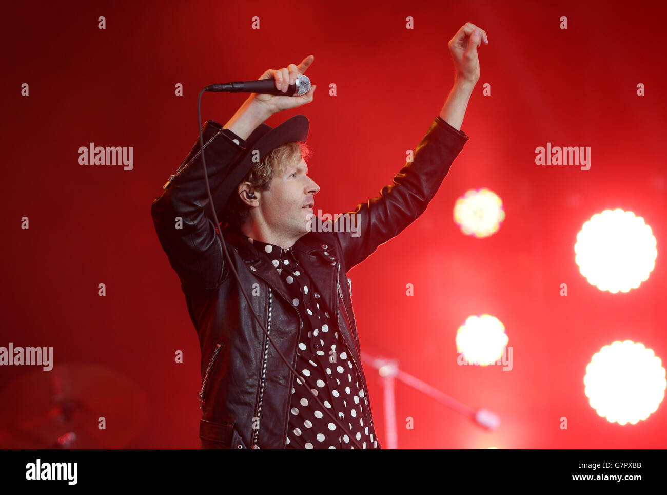 Beck performing on The Pyramid Stage at the Glastonbury Festival, at ...