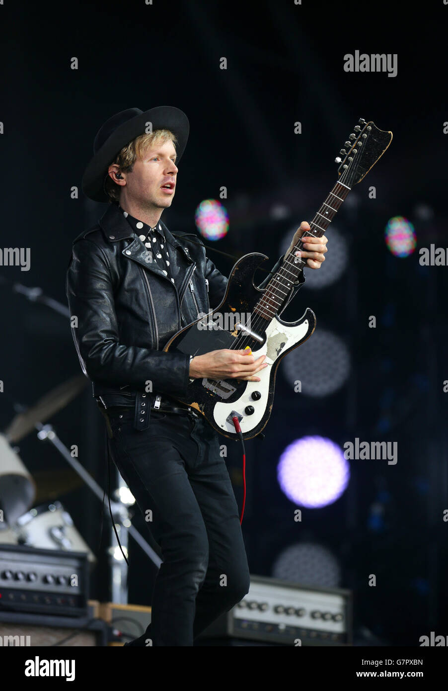 Beck performing on The Pyramid Stage at the Glastonbury Festival, at ...