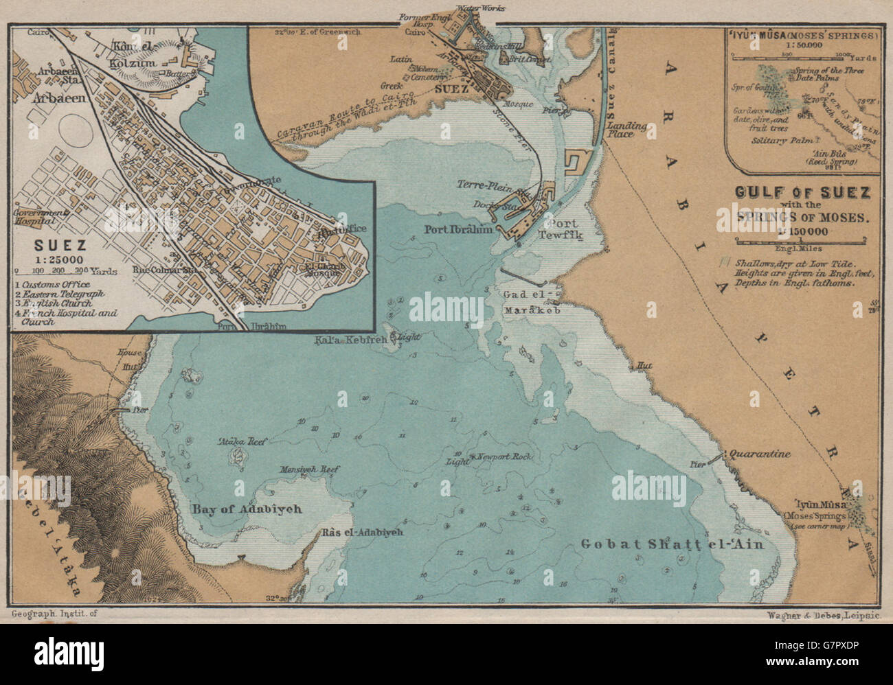 GULF OF SUEZ & SUEZ town city plan. Moses' springs / Oyun Musa. Egypt ...