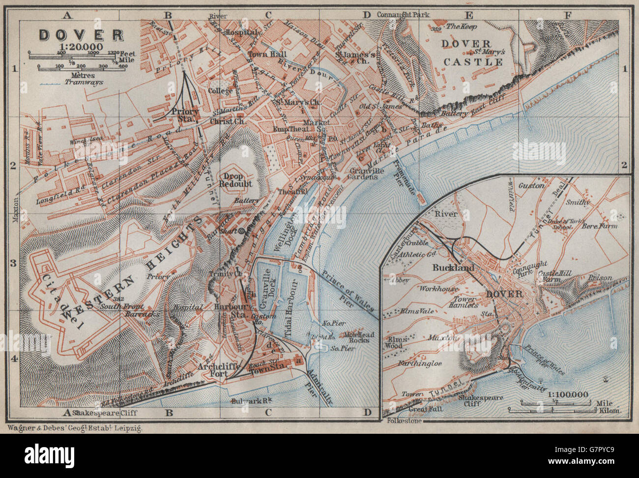 DOVER antique town city plan & environs. Kent. BAEDEKER, 1910 antique ...