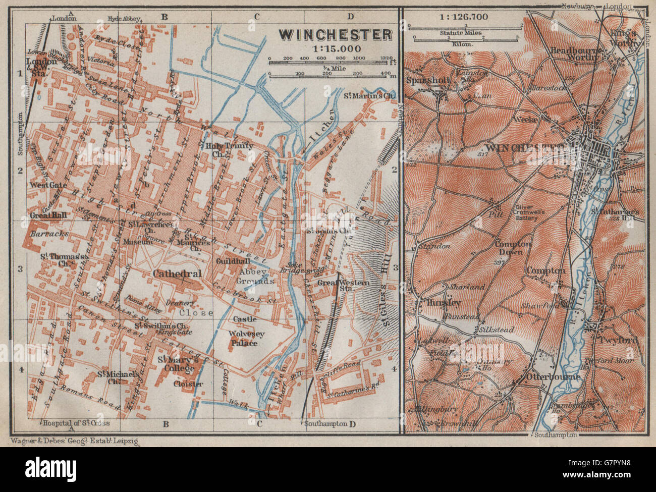 WINCHESTER antique town city plan & environs. Itchen valley. Hampshire ...