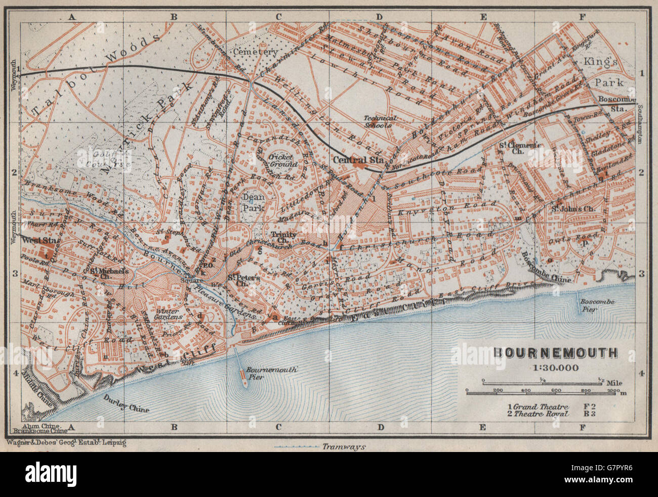 BOURNEMOUTH antique town city plan. West Cliff. Dorset. BAEDEKER, 1910 ...