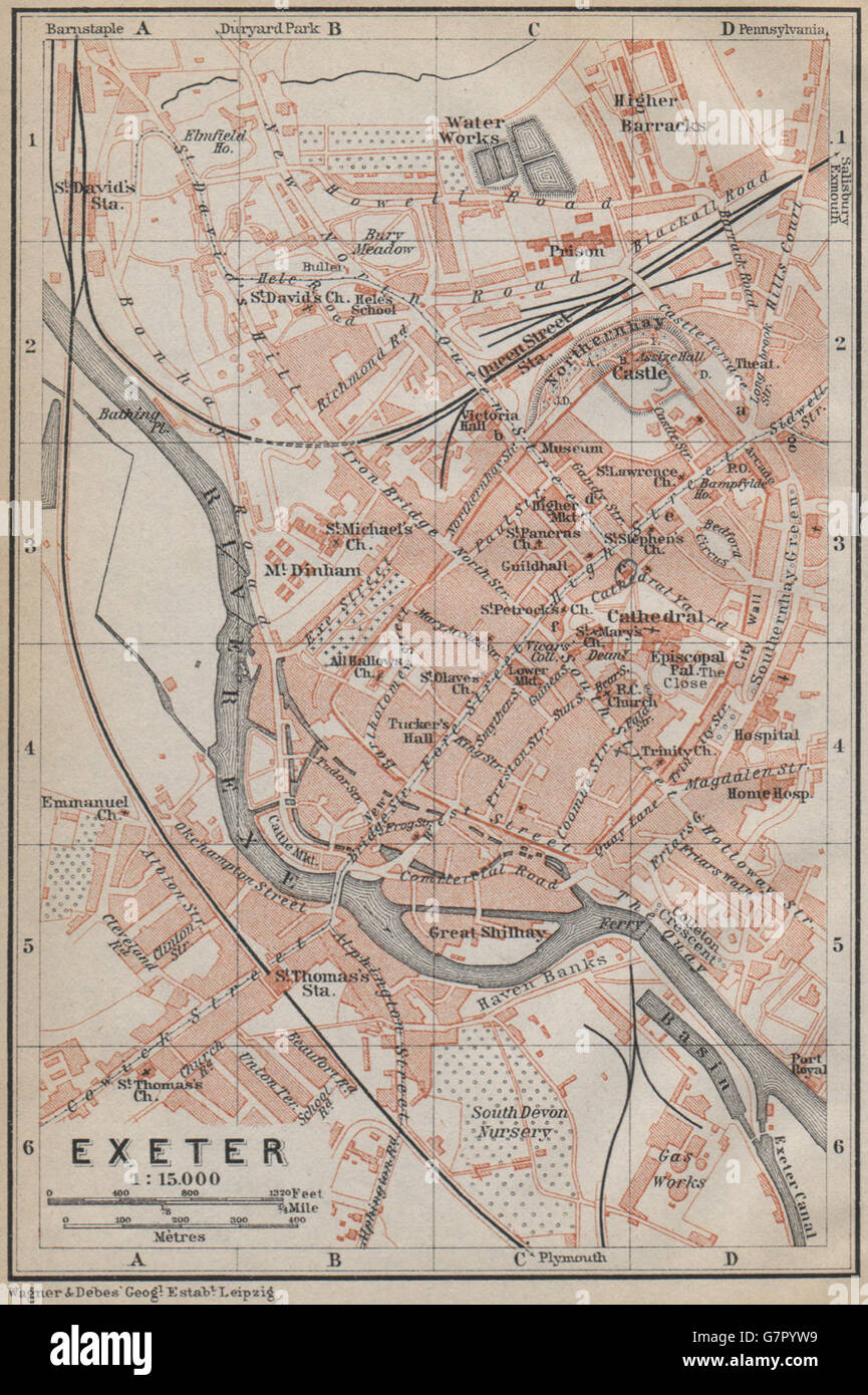 EXETER antique town city plan. Devon. BAEDEKER, 1910 antique map Stock ...